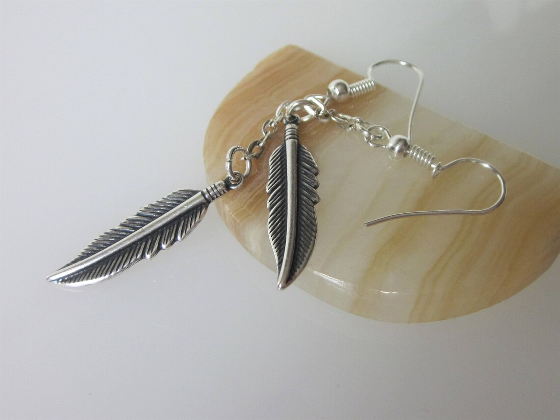 Metal Feather Earrings Medium Silver Feather Mens Dangle - Etsy Singapore