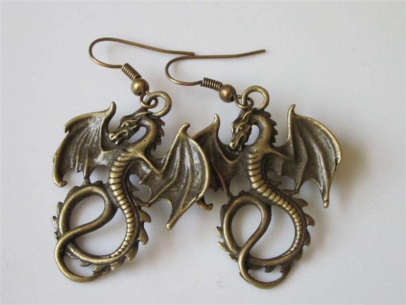 Bronze Dragon Earrings, Antiqued, Gothic Winged Dragons, Celtic Jewelry ...