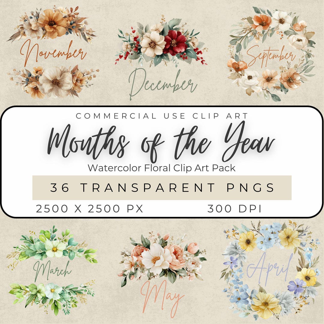 Watercolor Floral Months Clipart Pack | Year Calendar Illustrations - Etsy