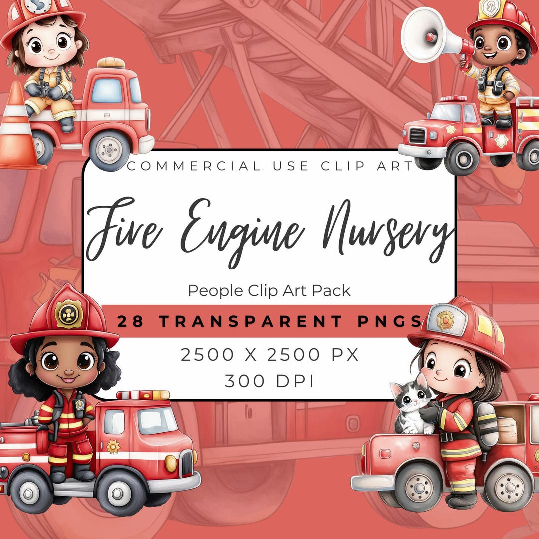Cute Firefighters Clipart - Cartoon Fire Truck PNG - Birthday Party ...