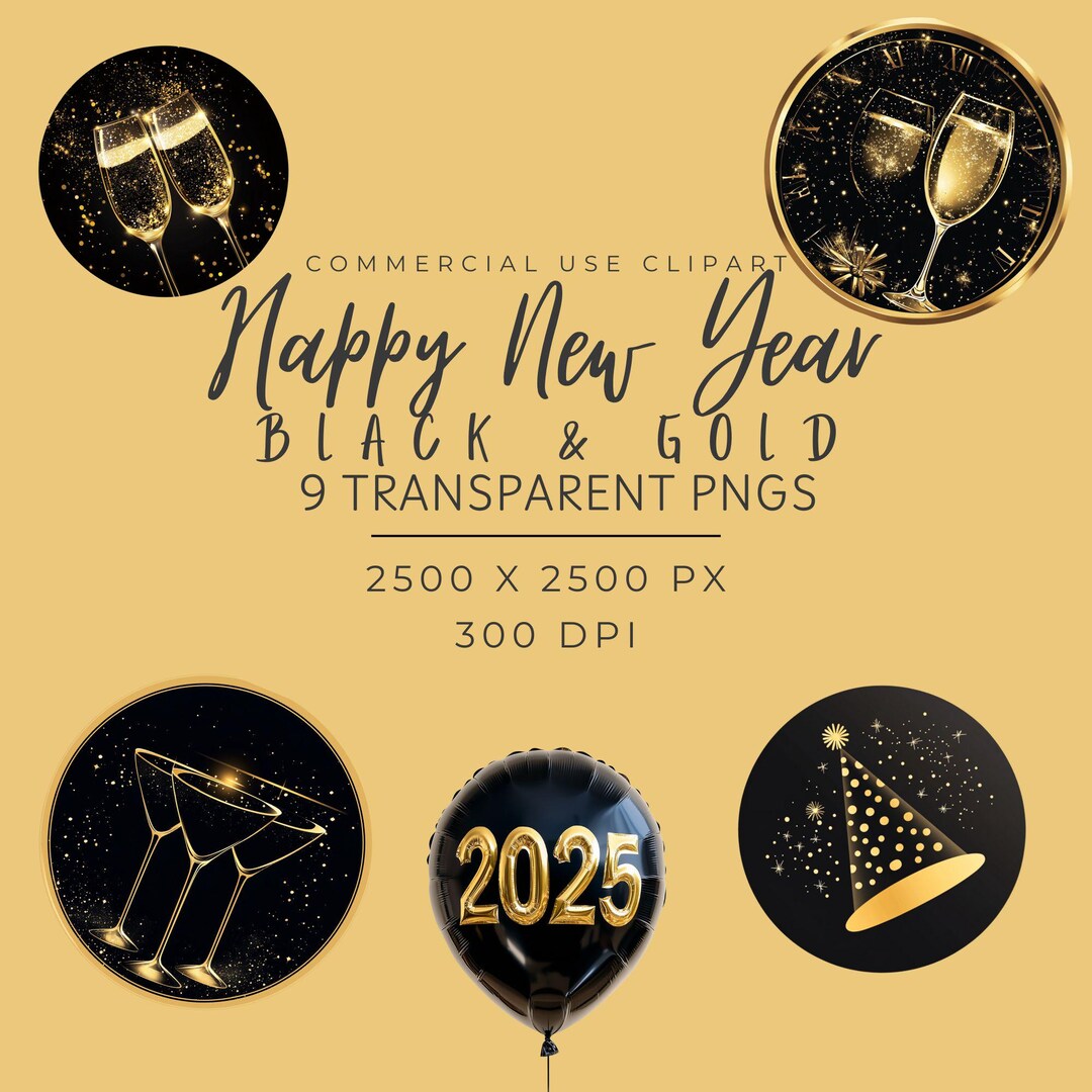 Happy New Year Clipart Black & Gold 2025 Celebration PNG Digital ...