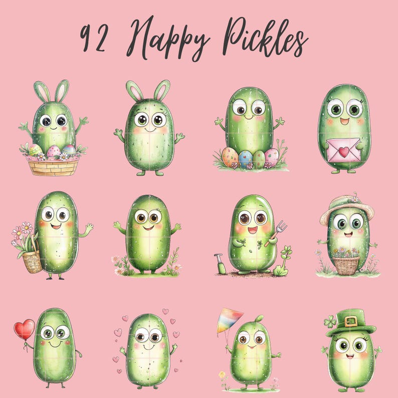 Watercolor Happy Pickle Clipart – Seasonal Food Character Set (digital ...