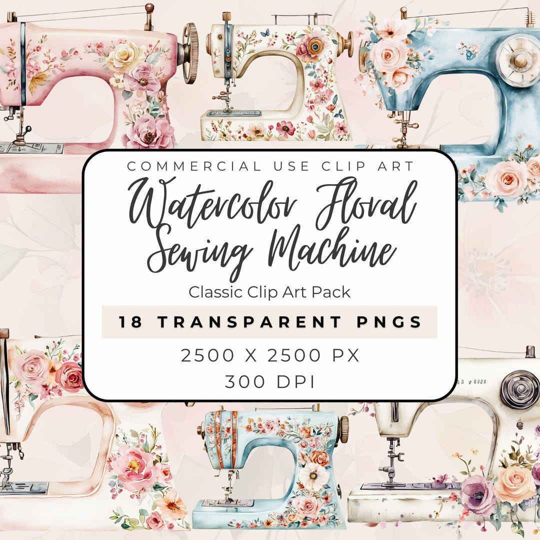 Watercolor Floral Sewing Machine Clipart - Vintage Sewing Graphics ...