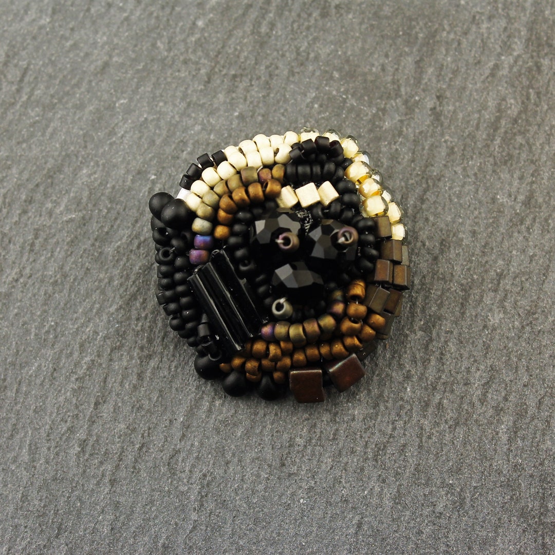 Beaded Button, Crystals Bead Embroidery, Black, Beige, Brown, Hand ...