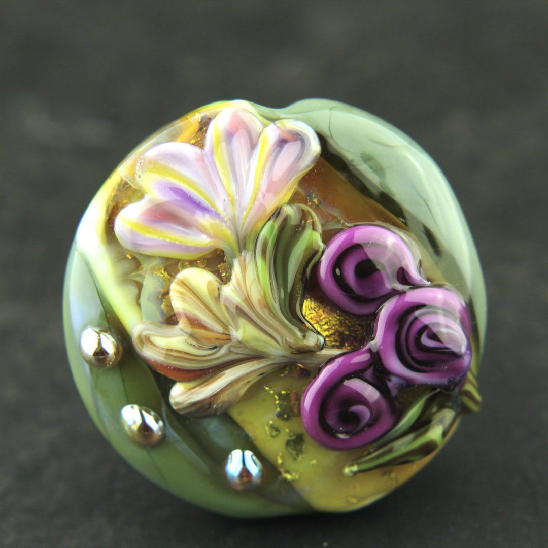 Lampwork Glass Lentil Focal With Flowers - Etsy