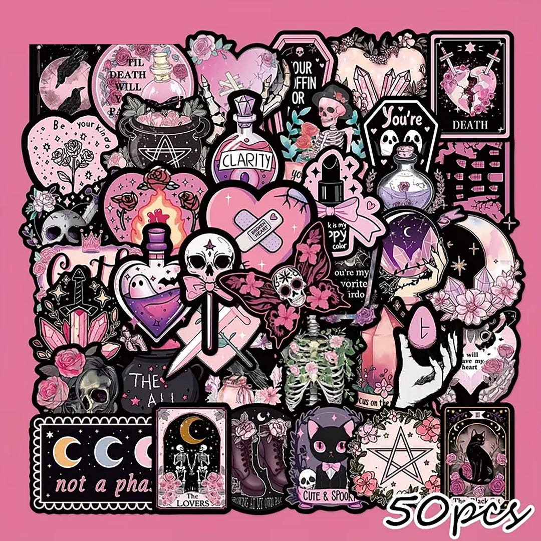 50 Pcs Pink Gothic Horror Sticker Pack, Waterproof Vinyl Stickers Water ...