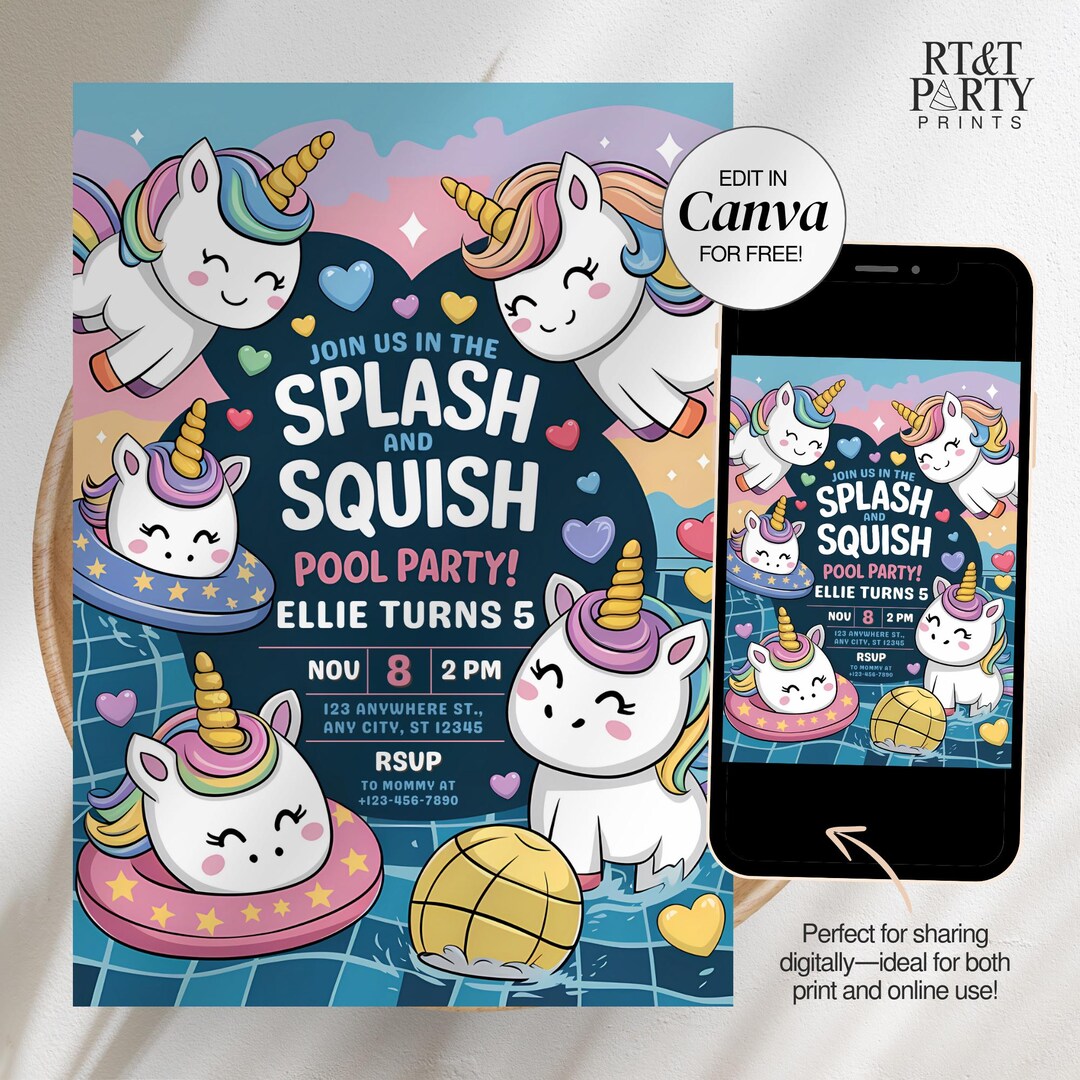 Squishmallow Unicorn Pool Party Birthday Invitation Unicorn Girl Canva ...