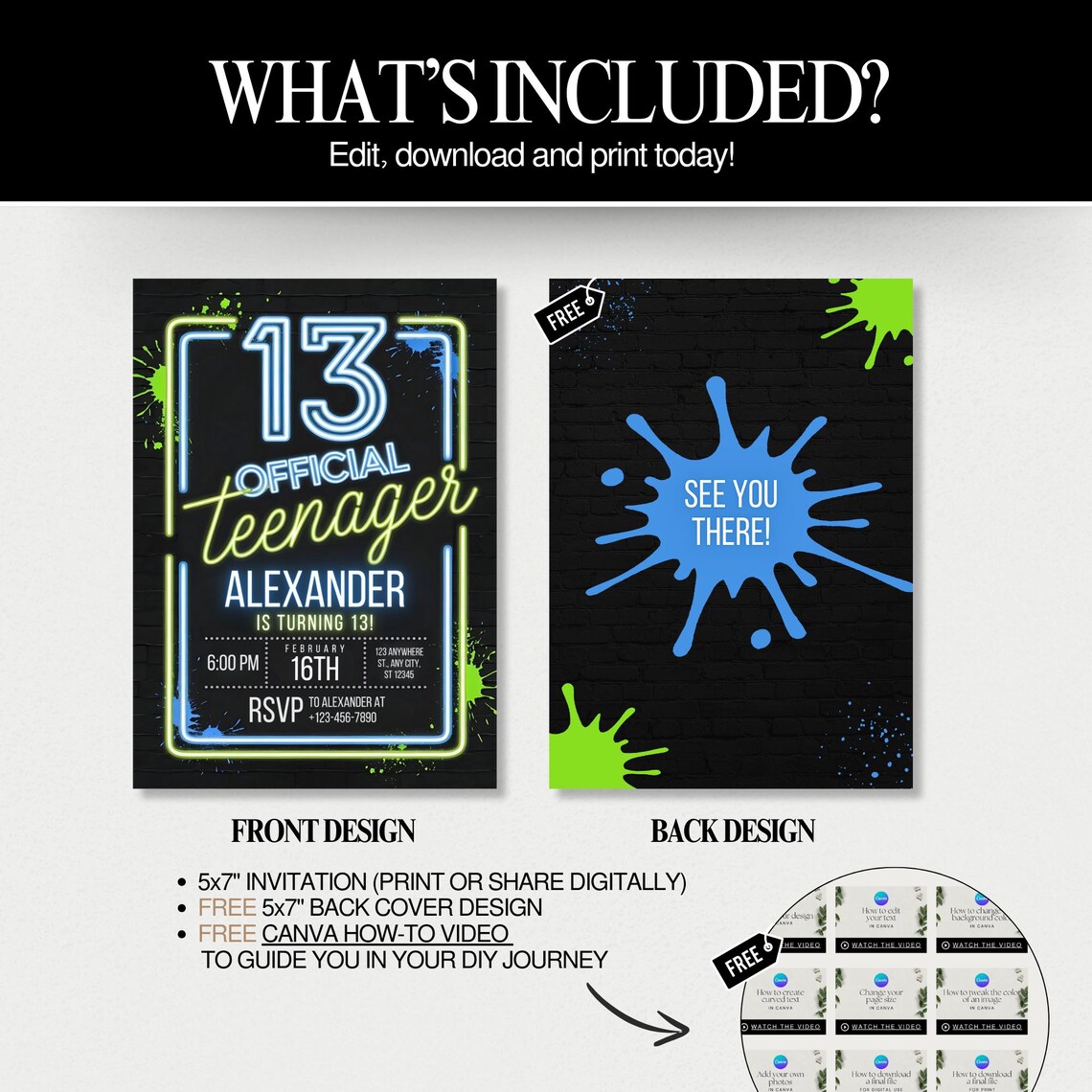 Blue Green Neon 13th Birthday Invitation Official Teenager Bday Favors ...