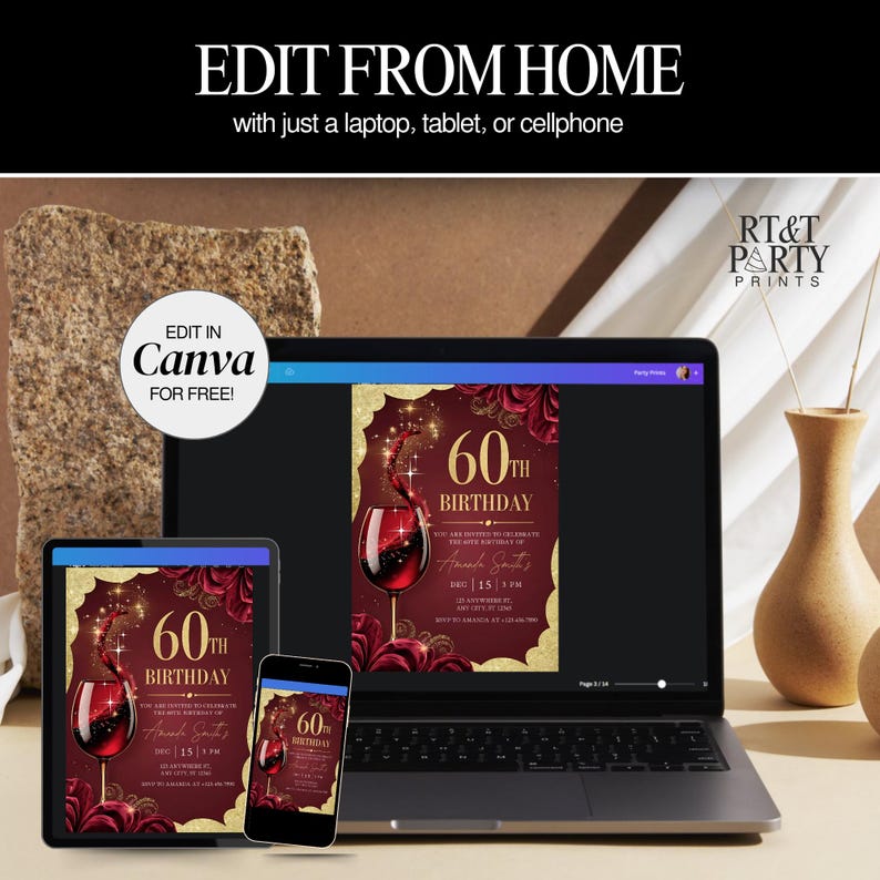 Editable 60th Birthday Invitation for Women Maroon Gold Canva Digital ...
