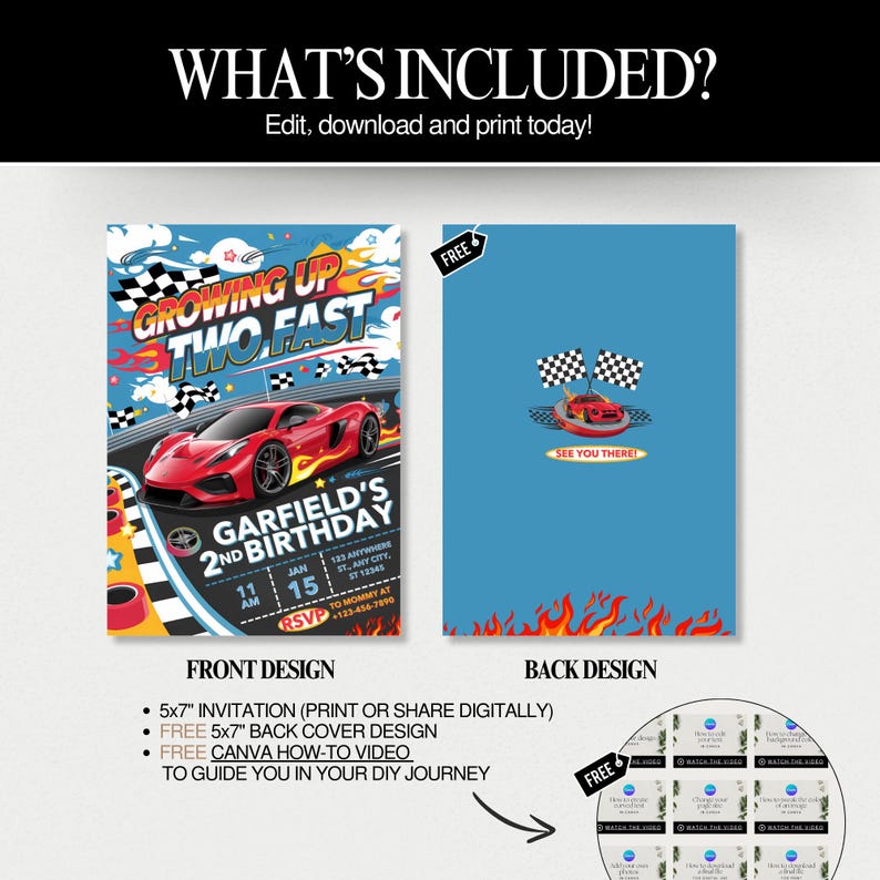 Growing up Two Fast Birthday Boy Invitation Race Car Party 2 Year Old ...