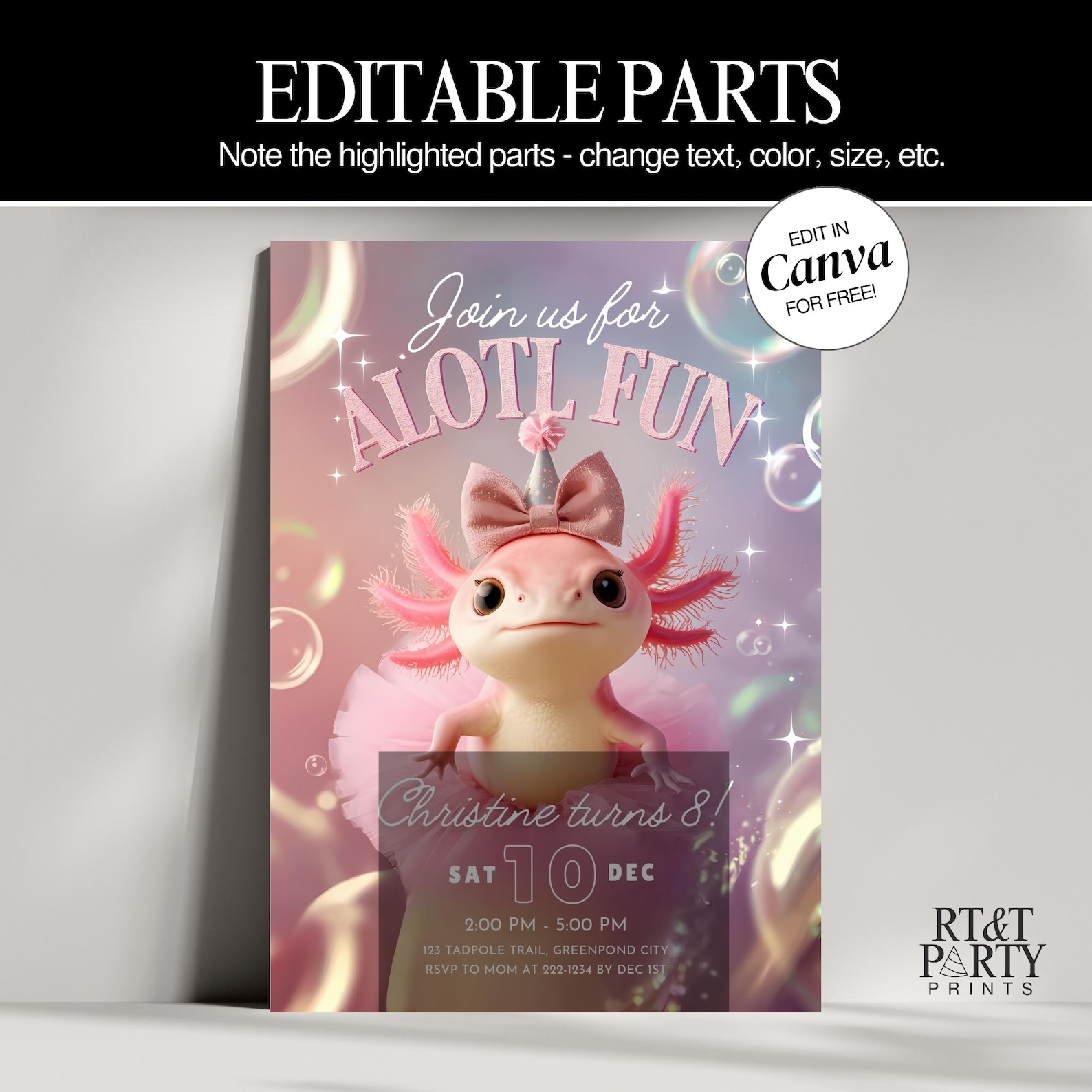 Dreamy Pink Axolotl Girl Birthday Invitation Printable Cute Baby ...