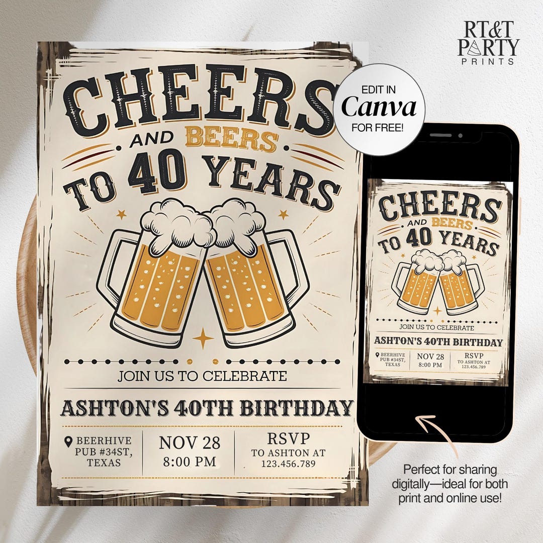 Cheers and Beers to 40 Years Rustic Bday Invite 40th Birthday ...