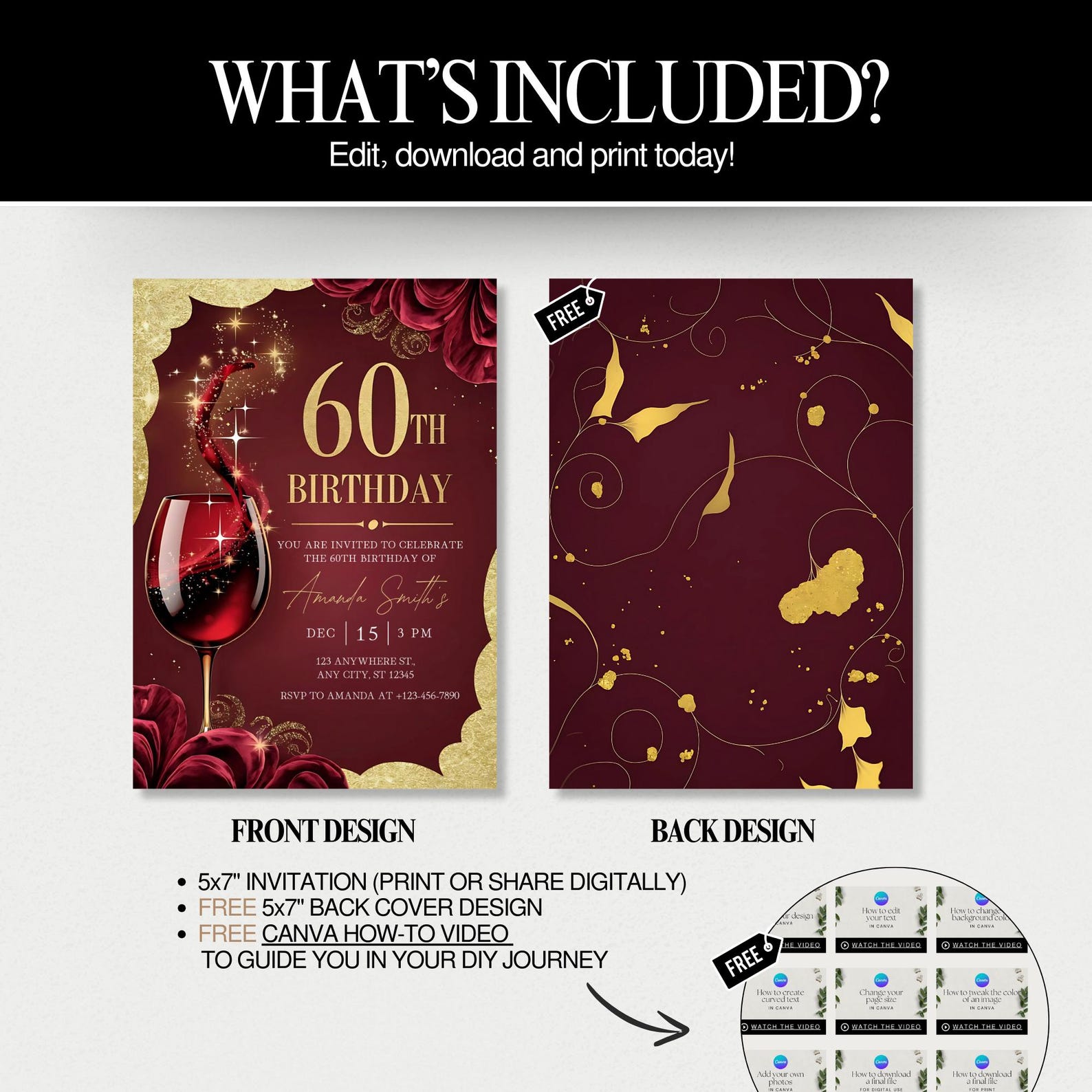 Editable 60th Birthday Invitation for Women Maroon Gold Canva Digital ...