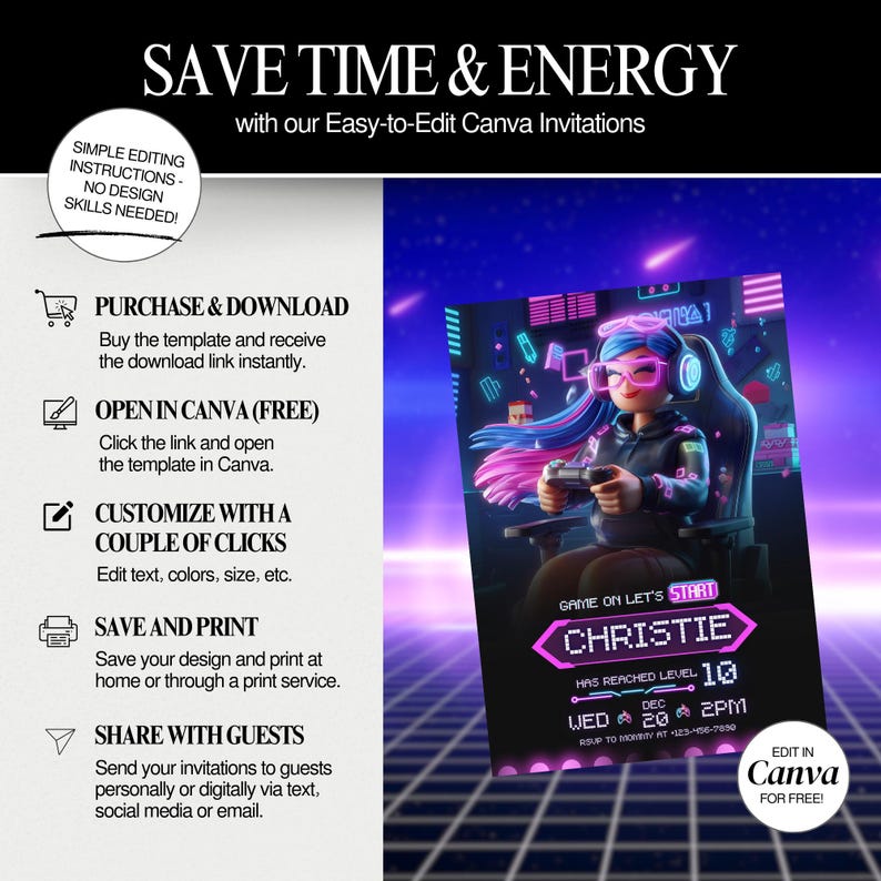 Roblox Gaming Girl Birthday Digital Invitation 10th Bday Cyberpunk ...