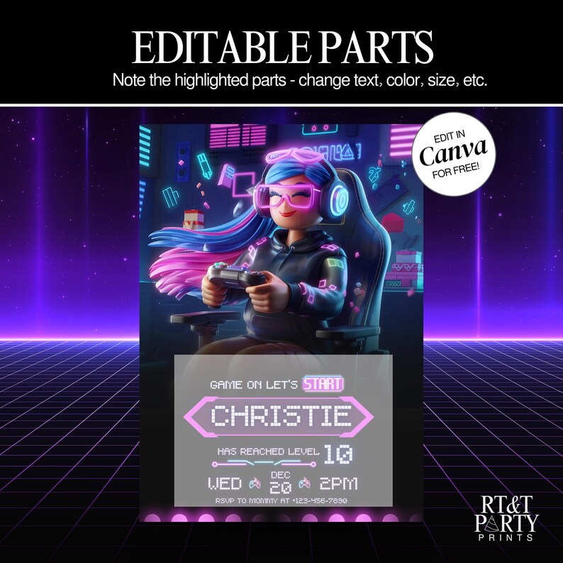 Roblox Gaming Girl Birthday Digital Invitation 10th Bday Cyberpunk ...