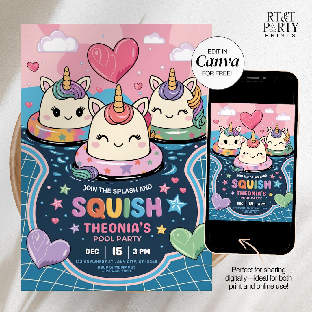 Squishmallow Unicorn Pool Party Birthday Invitation Squishy Digital ...