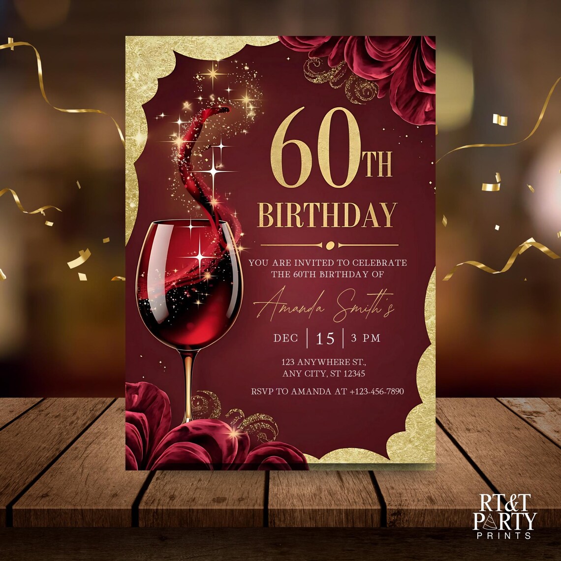 Editable 60th Birthday Invitation for Women Maroon Gold Canva Digital ...