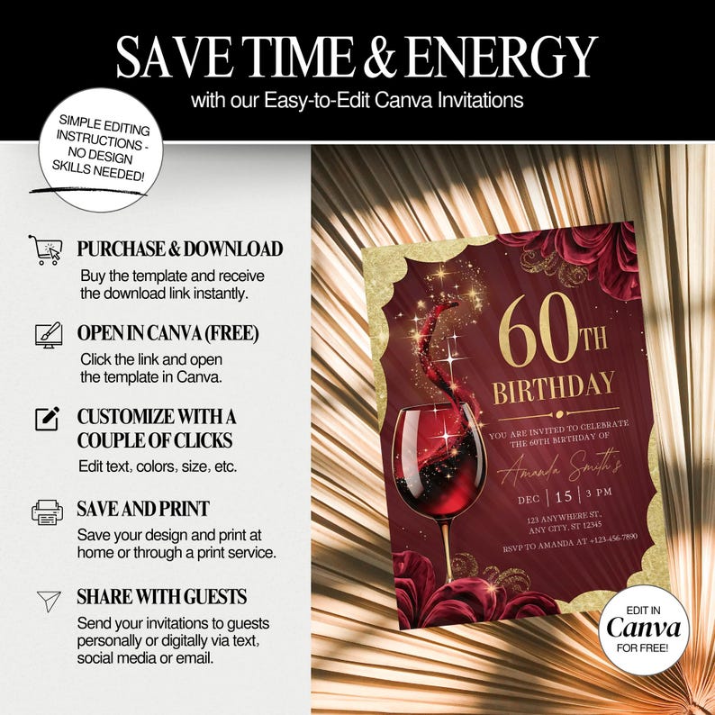 Editable 60th Birthday Invitation for Women Maroon Gold Canva Digital ...
