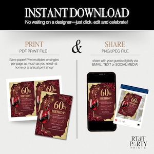 Editable 60th Birthday Invitation for Women Maroon Gold Canva Digital ...