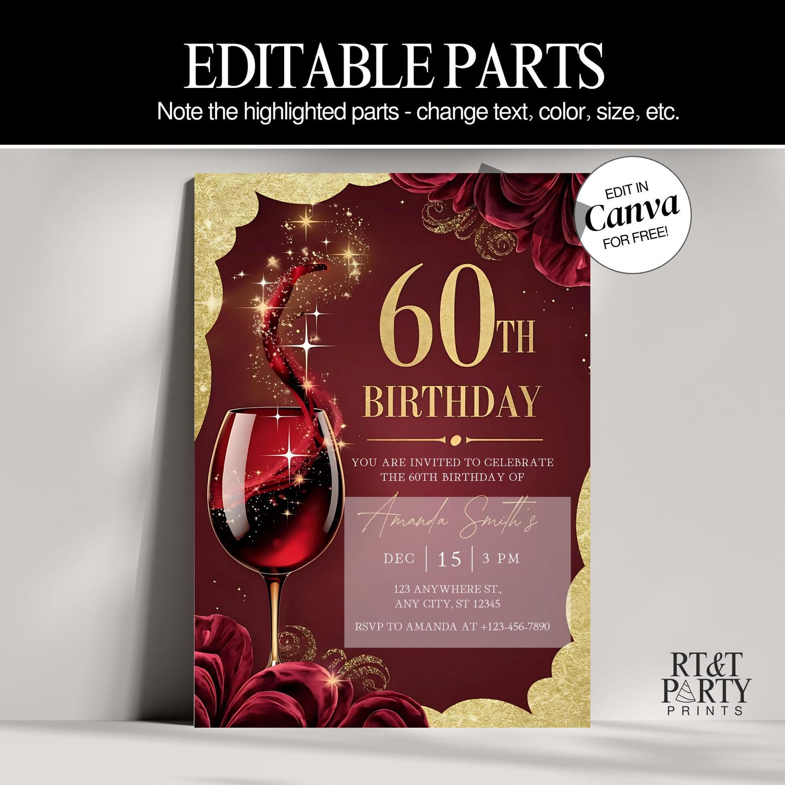 Editable 60th Birthday Invitation for Women Maroon Gold Canva Digital ...