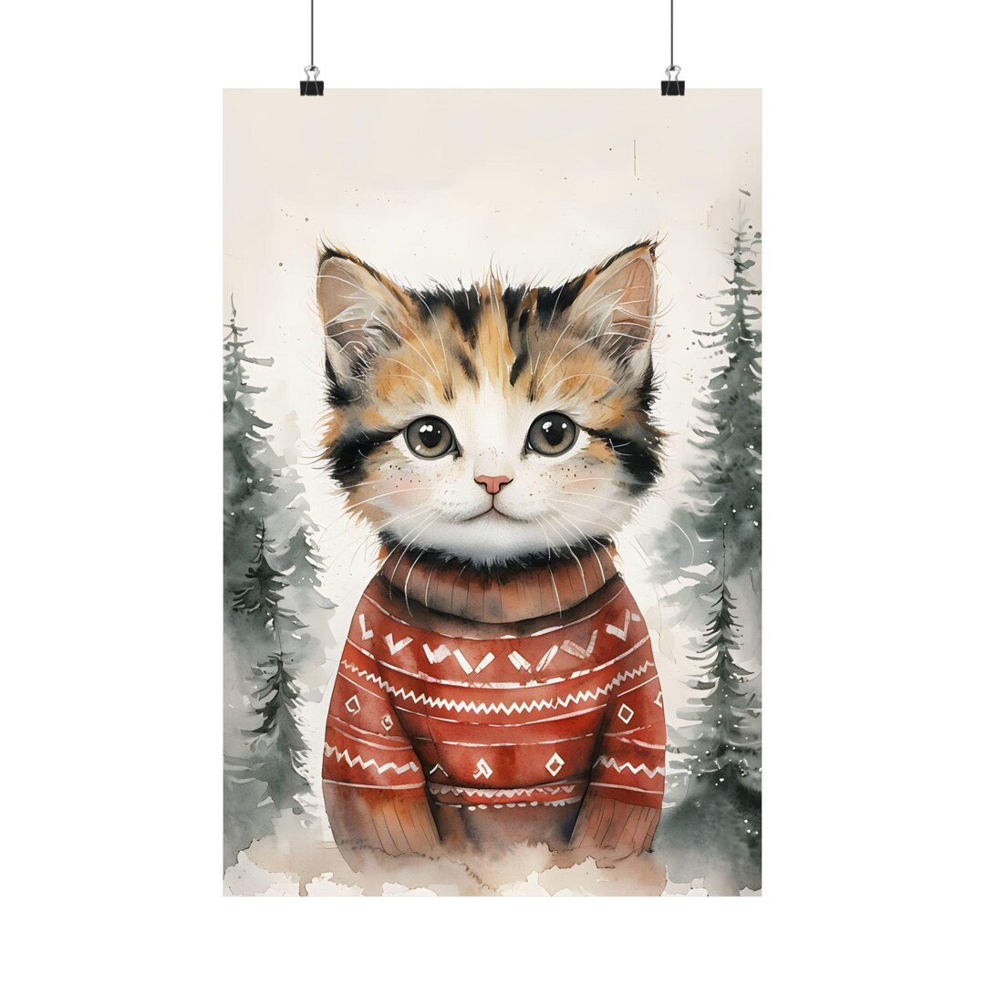 Whimsical Christmas Winter Kitten Poster, Matte Vertical Wall Decor ...