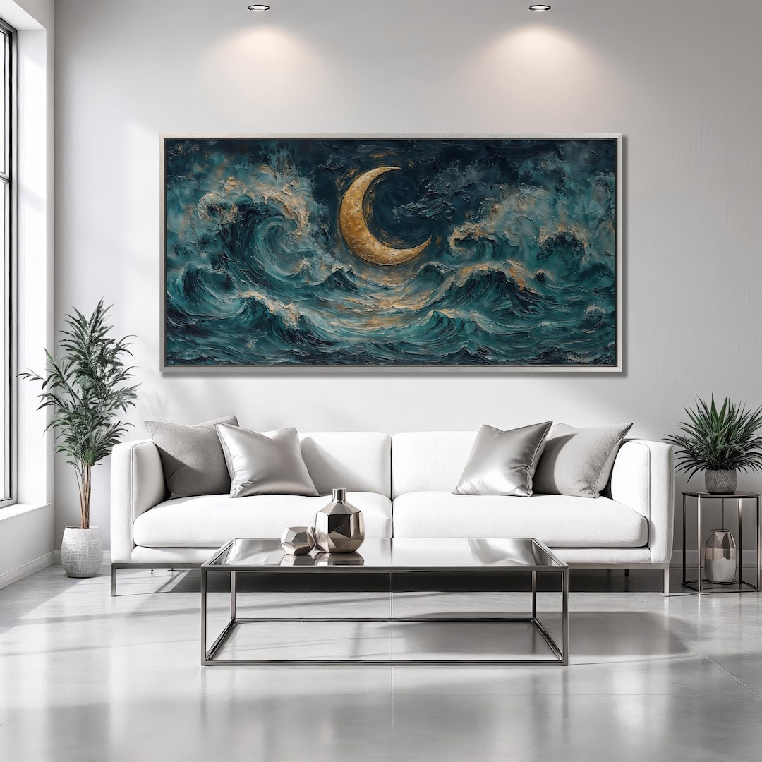 Golden Crescent Moon Framed Canvas Print Dark Seascape Luxury Canvas ...
