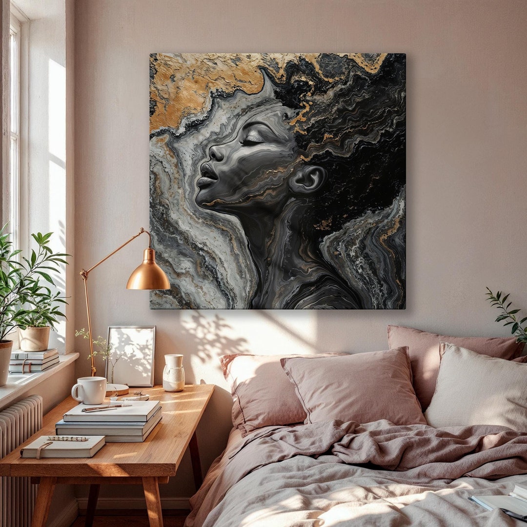 Mysterious Black Woman Framed Canvas Print Abstract Marble Effect Luxury Canvas Art Fluid Waves ...