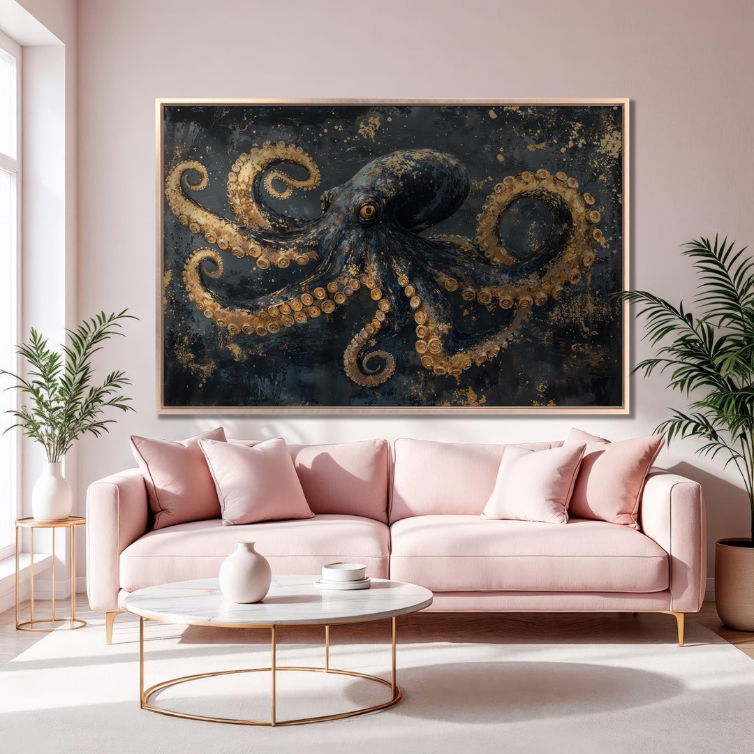 Gothic Octopus Framed Canvas Print Black and Gold Luxury Canvas Art ...