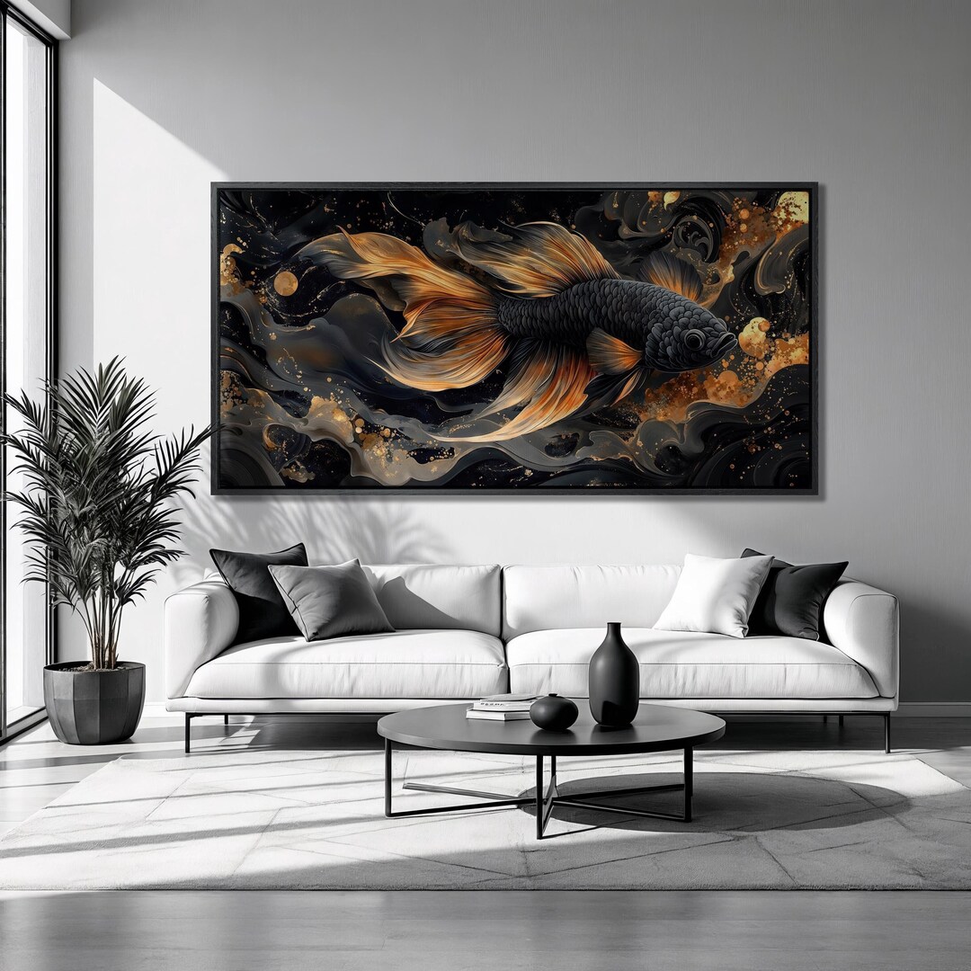Black Betta Fish With Gold Fins Framed Canvas Print Underwater Animal ...