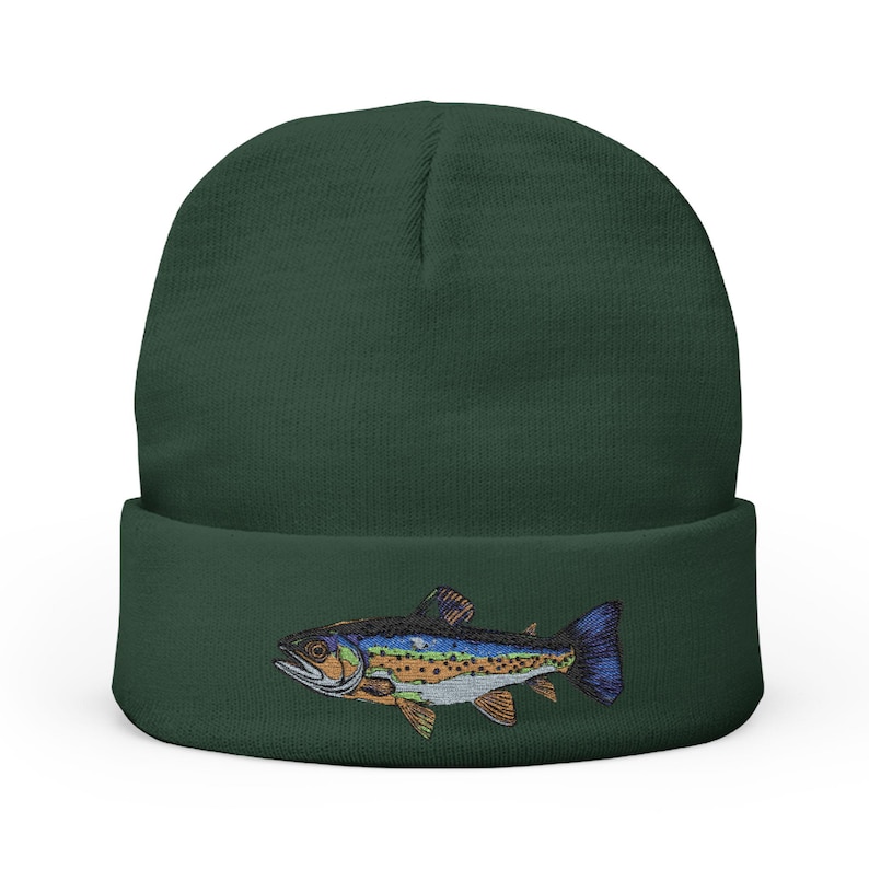 Green Trout Embroidered Knit Beanie, Colorful Fish Hat for Anglers ...