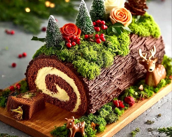 Chocolate Swiss Roll Yule Log Cake: Cream Filling, Forest Theme - Etsy