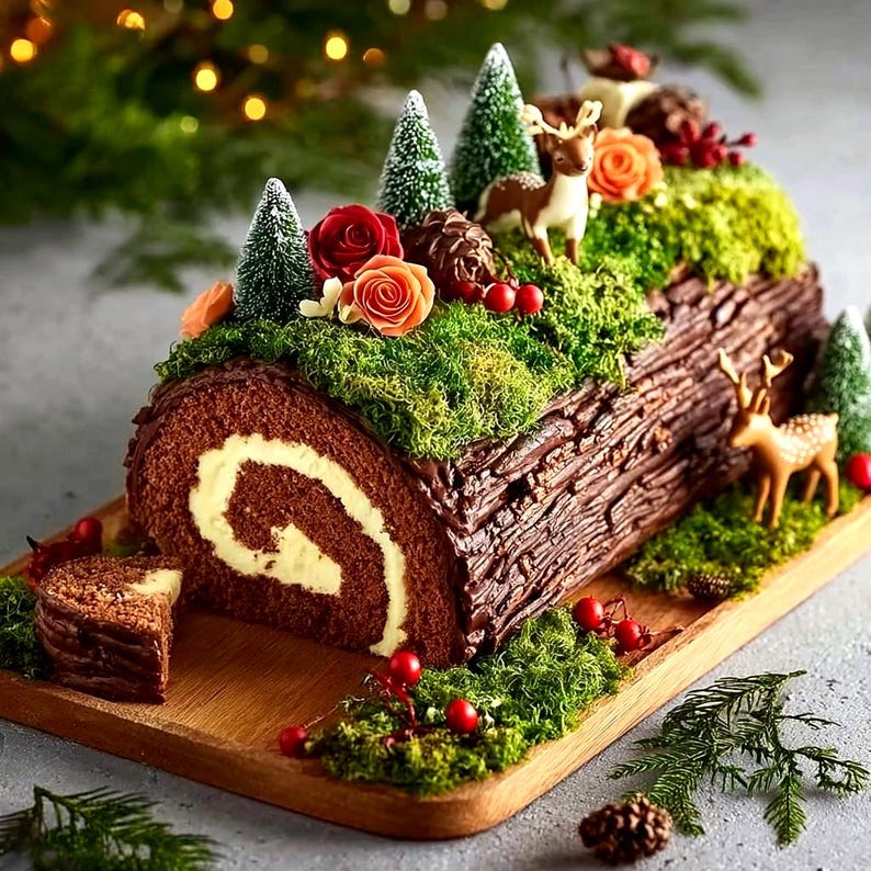Chocolate Swiss Roll Yule Log Cake: Cream Filling, Forest Theme - Etsy