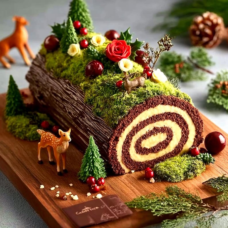 Chocolate Swiss Roll Yule Log Cake: Cream Filling, Forest Theme - Etsy