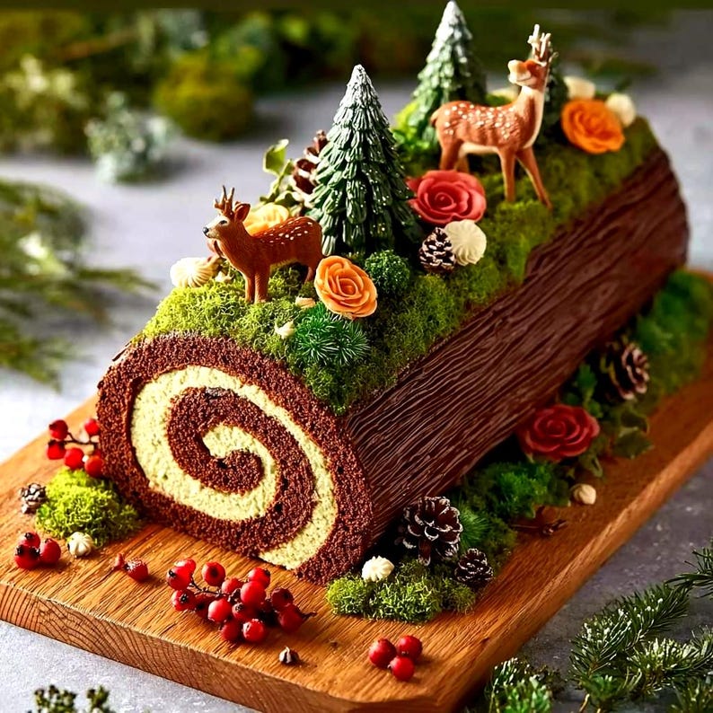 Chocolate Swiss Roll Yule Log Cake: Cream Filling, Forest Theme - Etsy