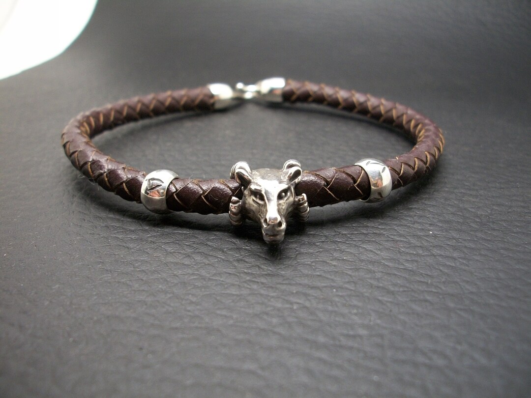 Goat Bracelet, Sterling Silver Viking Goat Bracelet, Brown Braided ...