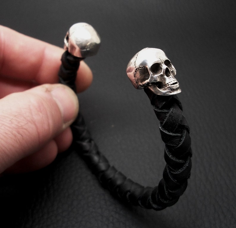 Skull Bracelet Sterling Silver Skulls Black Braided - Etsy