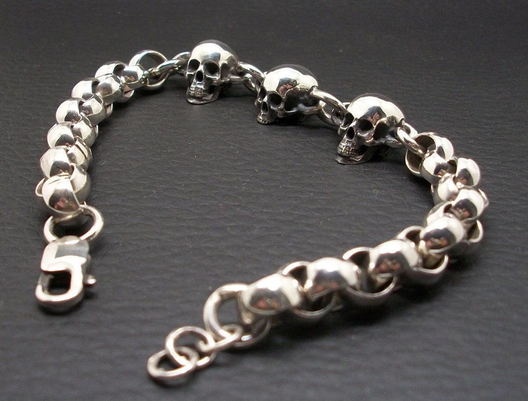 Skull Bracelet, Sterling Silver Skull Bracelet, Silver Skull Chain ...
