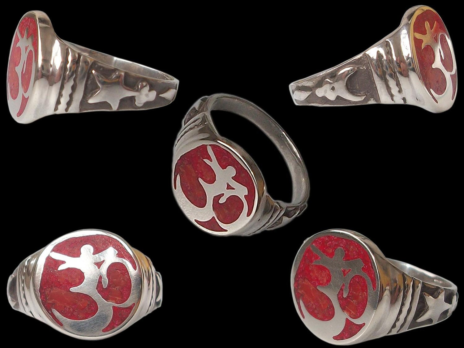 Ohm ring Sterling Silver Aum Ohm OM ring with red Coral | Etsy