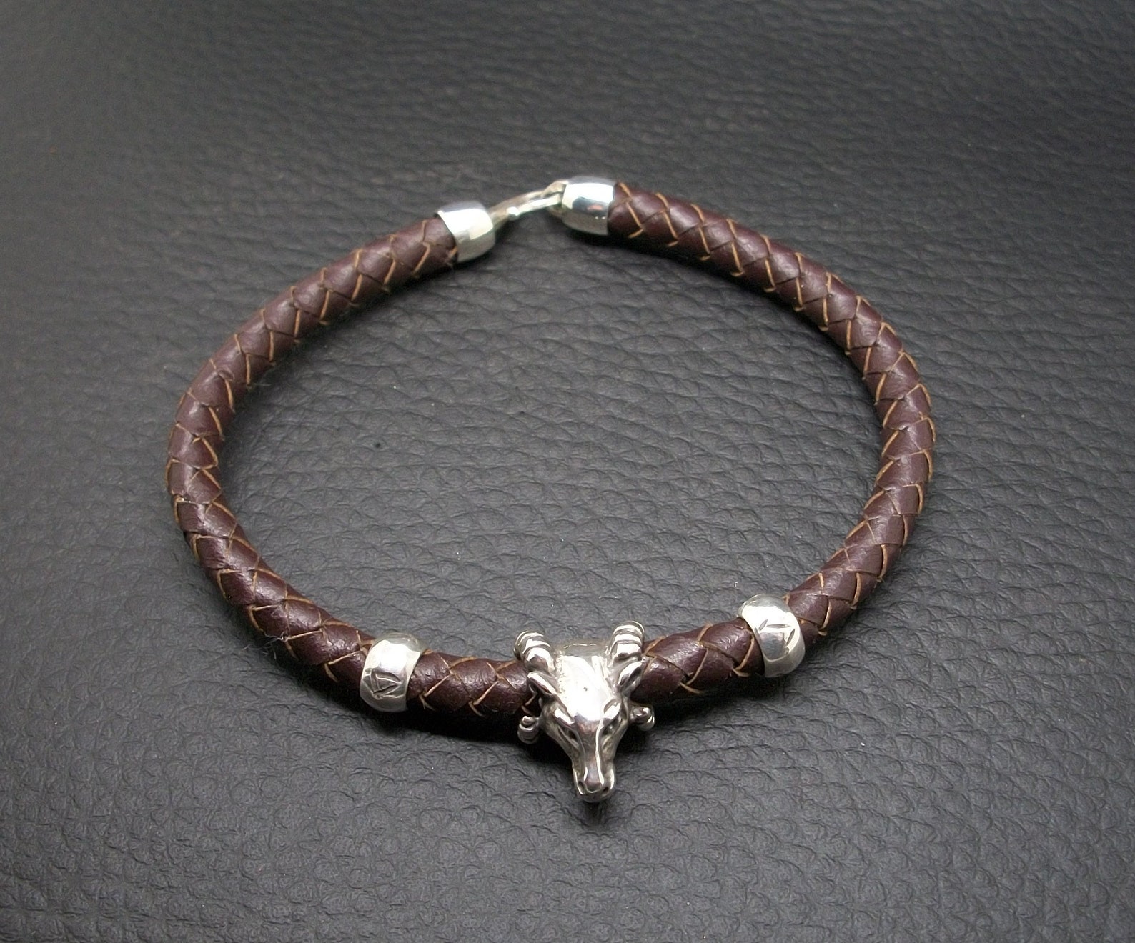 Goat Bracelet, Sterling Silver Viking Goat Bracelet, Brown Braided ...