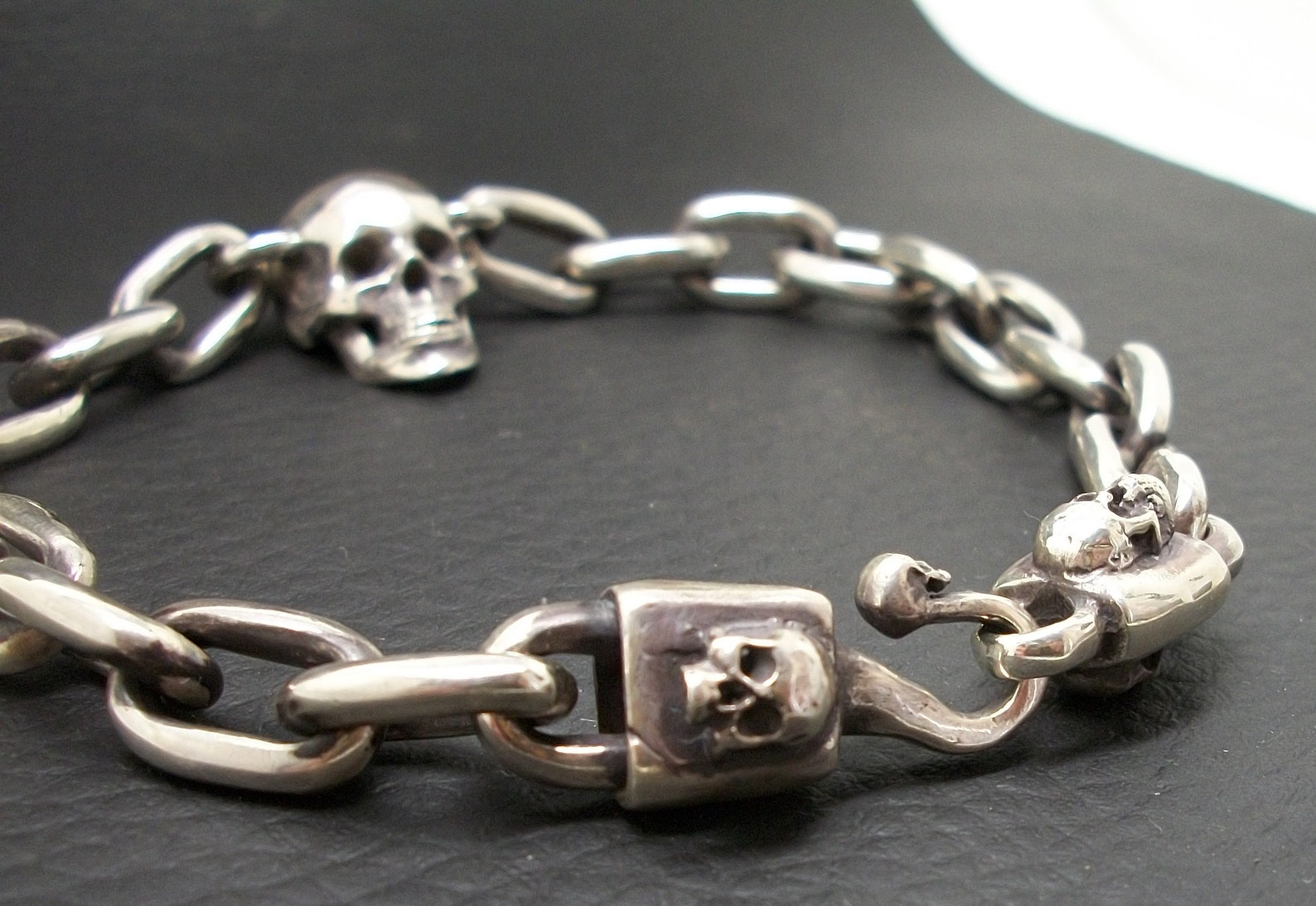 Skull Bracelet, Sterling Silver Skull Bracelet, Silver Oval Chain ...