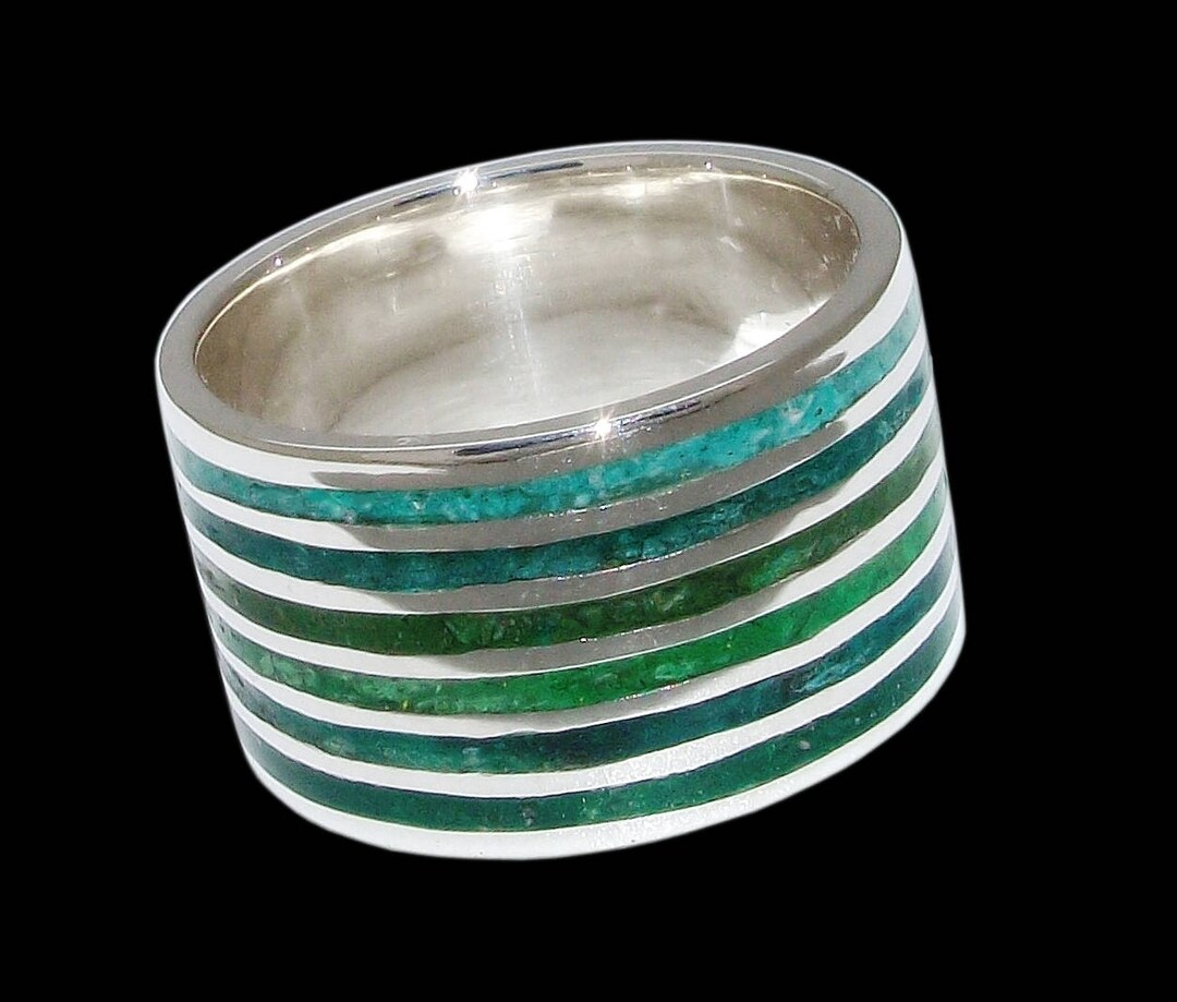 Inlay Ring, Sterling Silver Inlay Ring, Mosaic Green Forest Ring ...