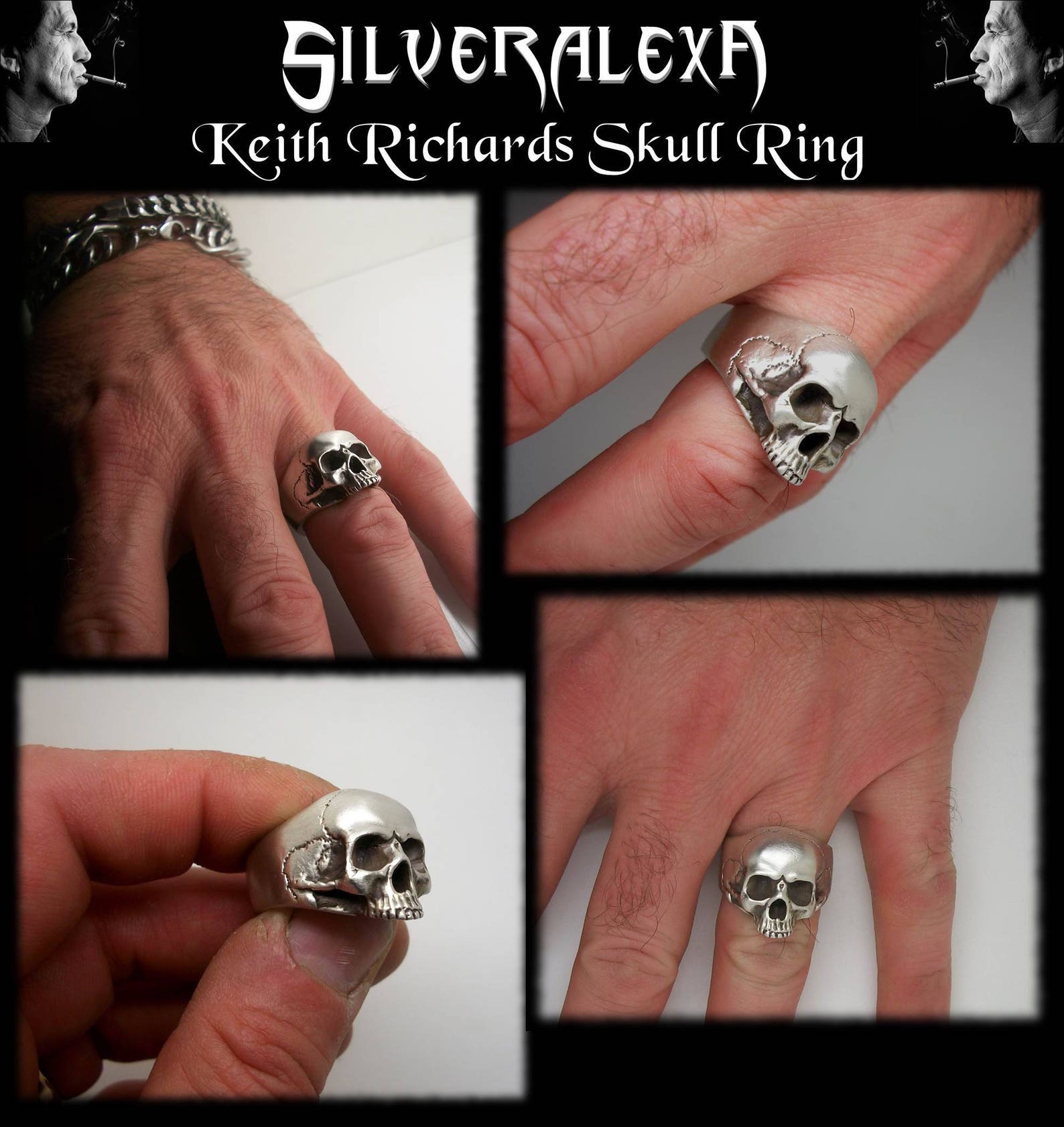 Skull Ring, Sterling Silver Keith Richards Skull Ring, Anatomical Skull ...