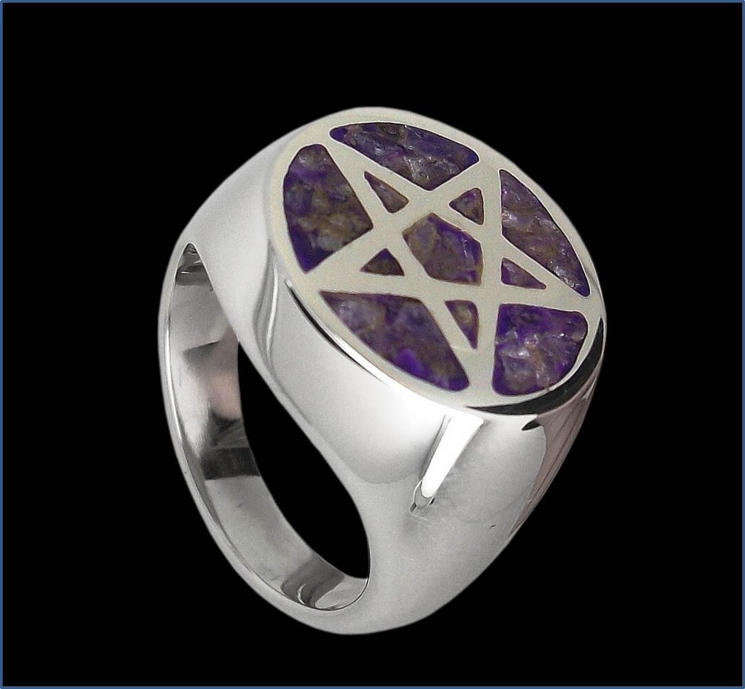 Pentagram Ring, Sterling Silver Pentacle Ring, Inlay Ring, Crushed Amethyst Ring, Pentacle Ring ...