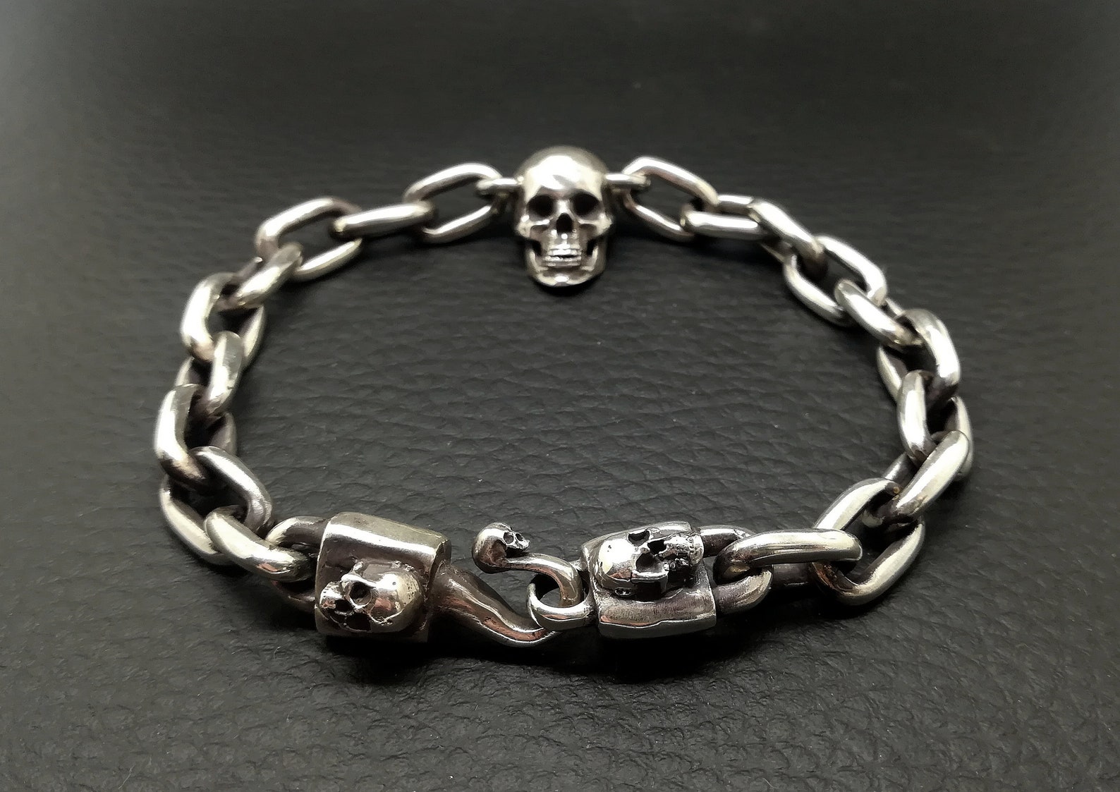 Skull Bracelet, Sterling Silver Skull Bracelet, Silver Oval Chain ...