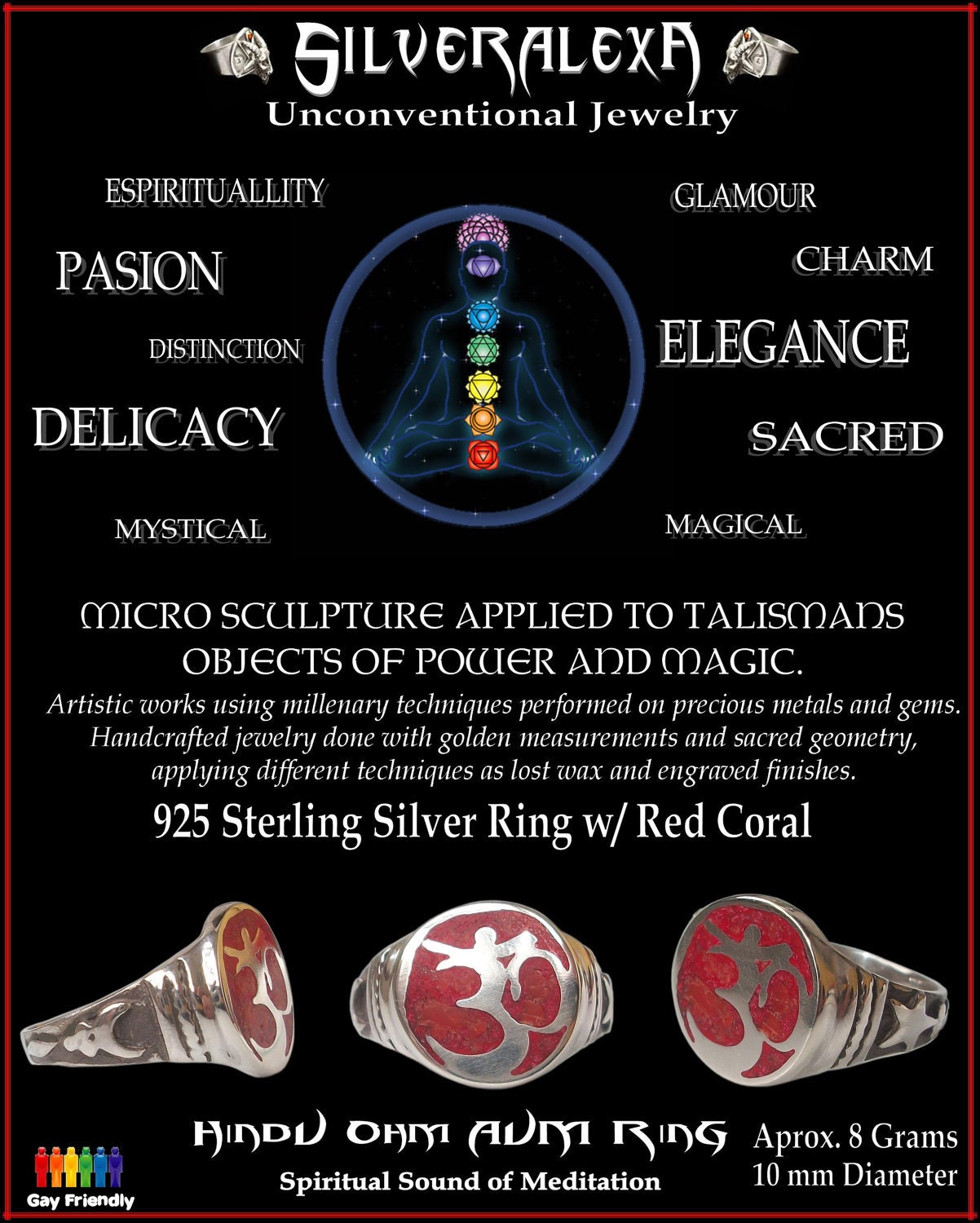 Ohm ring Sterling Silver Aum Ohm OM ring with red Coral | Etsy