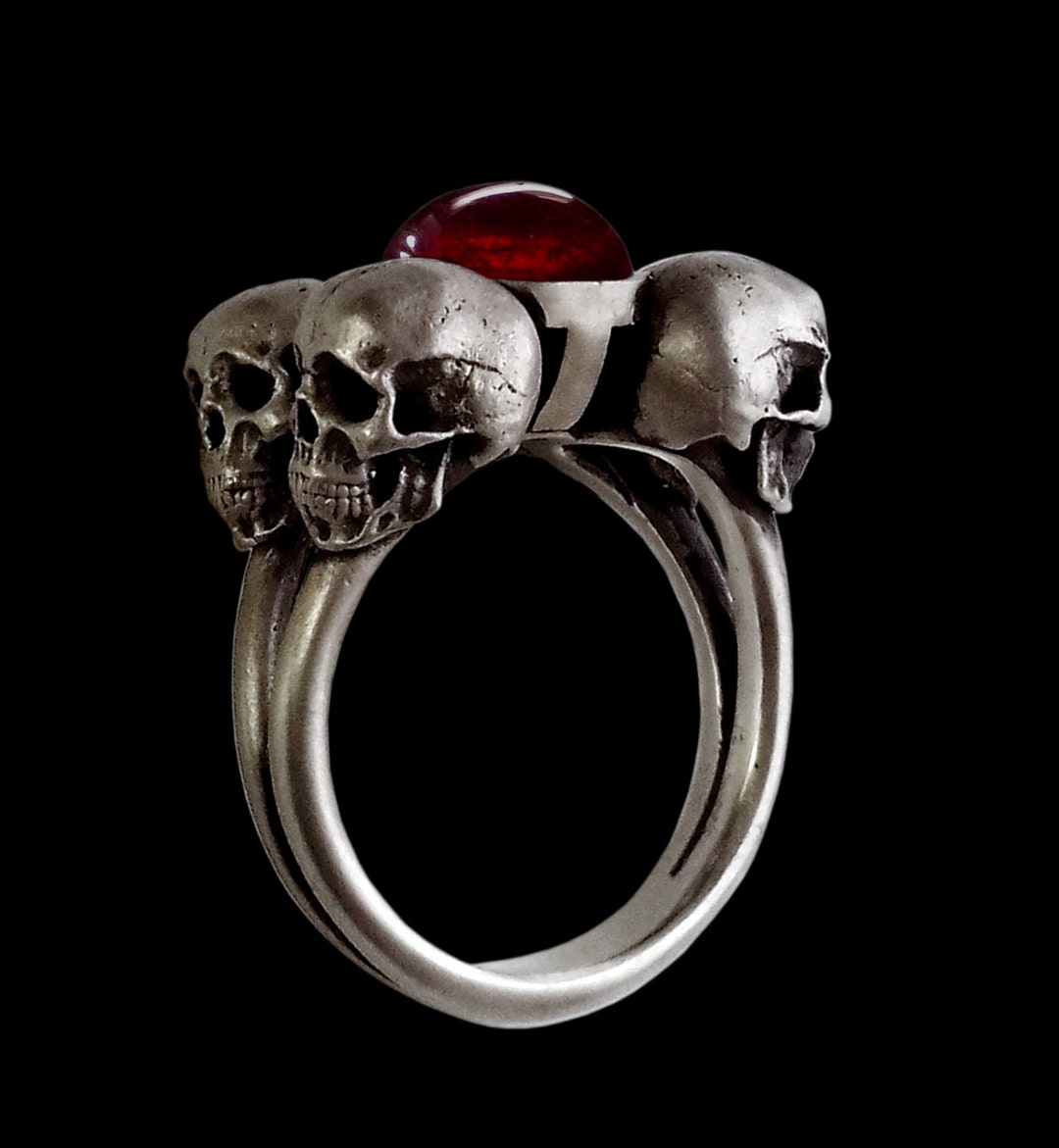 Skull Engament Ring, Sterling Silver Skull Ring, Red Garnet Ring, Four ...