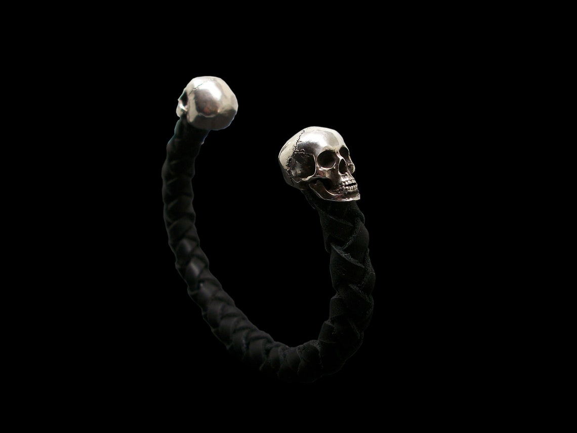 Skull Bracelet Sterling Silver Skulls Black Braided - Etsy