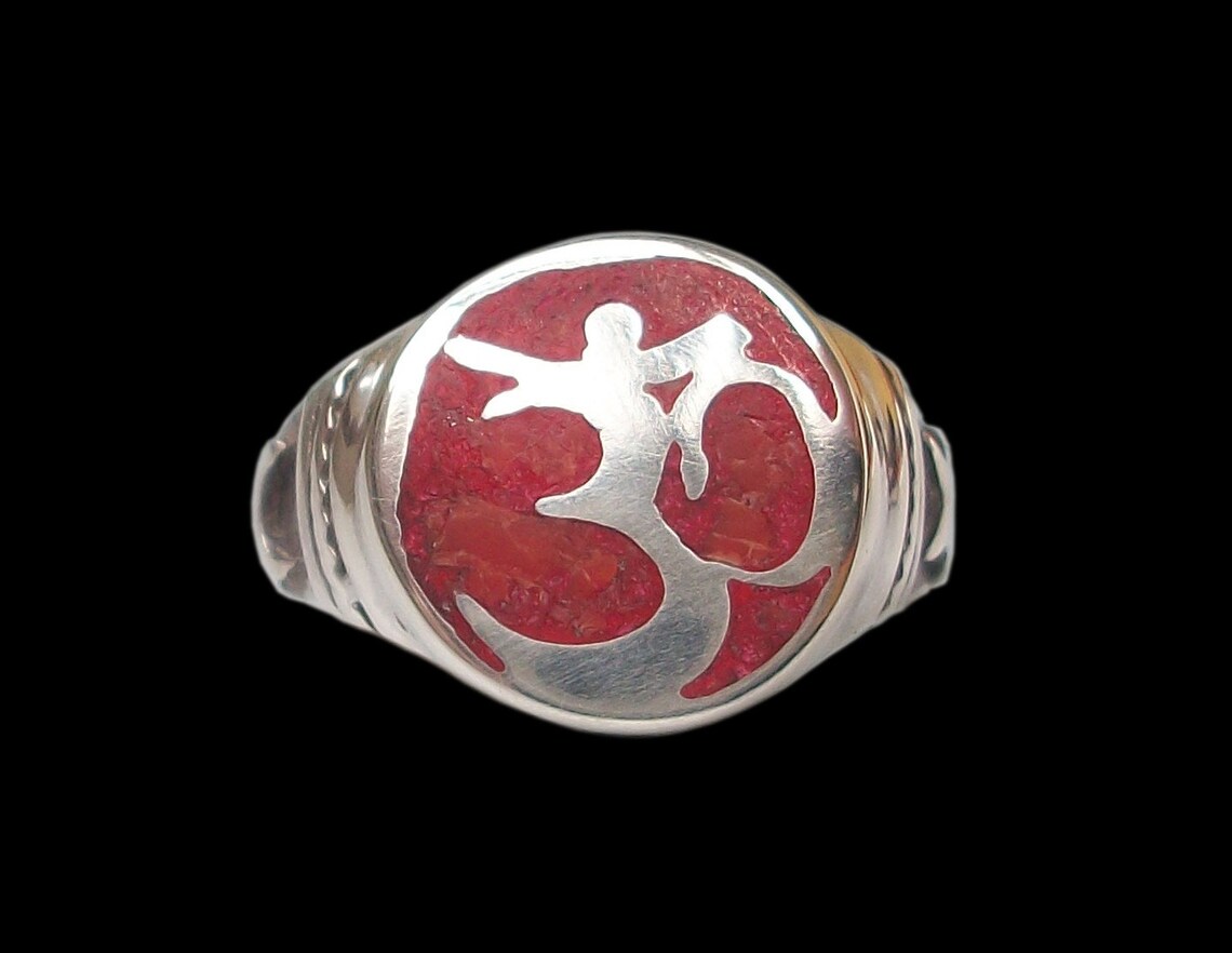 Ohm ring Sterling Silver Aum Ohm OM ring with red Coral | Etsy