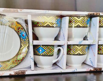 12 PCS- Ethiopian Traditional Coffee Cups- Traditional Design - 6 Caps ...