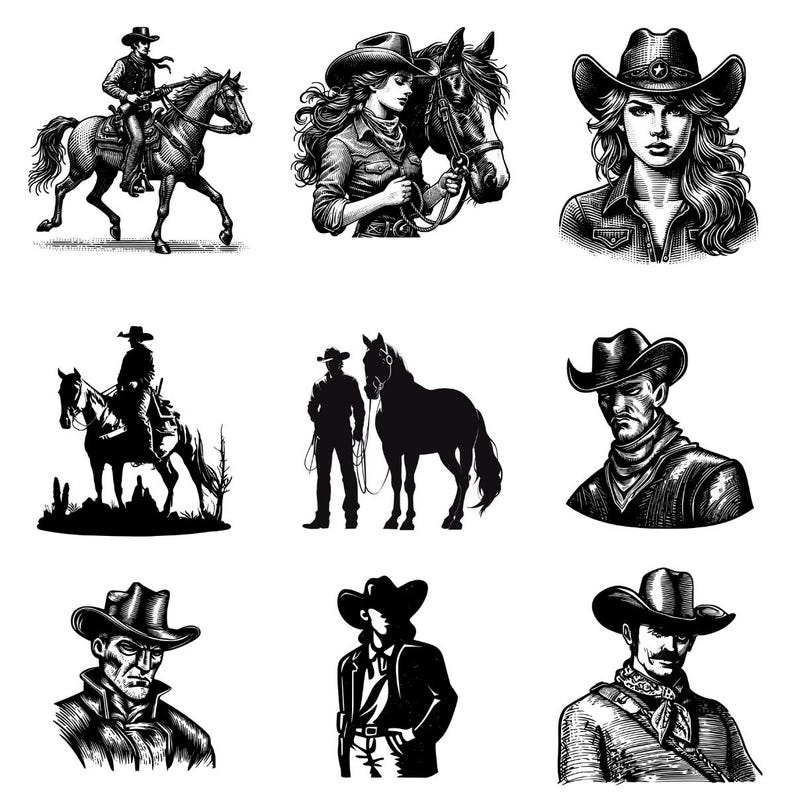 Wild West Cowboy Clipart Bundle 25 Black & White Western Figures PNG ...